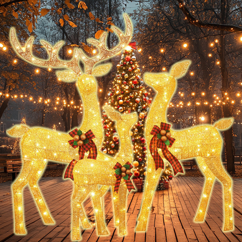 The Holiday Aisle® 3-Piece Lighted 3D Gold Yellow Reindeer Family Outdoor Christmas Decorations ...